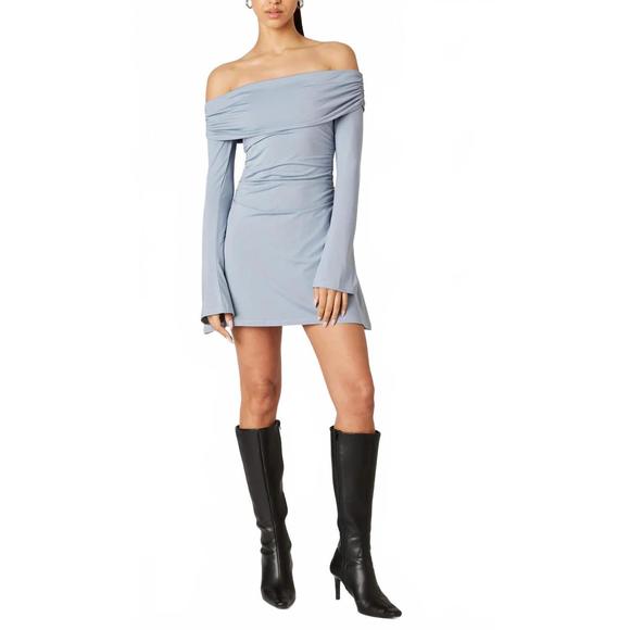 Nia | Dresses | New Nia Off Shoulder Bell Sleeve Mini Dress In Blue ...